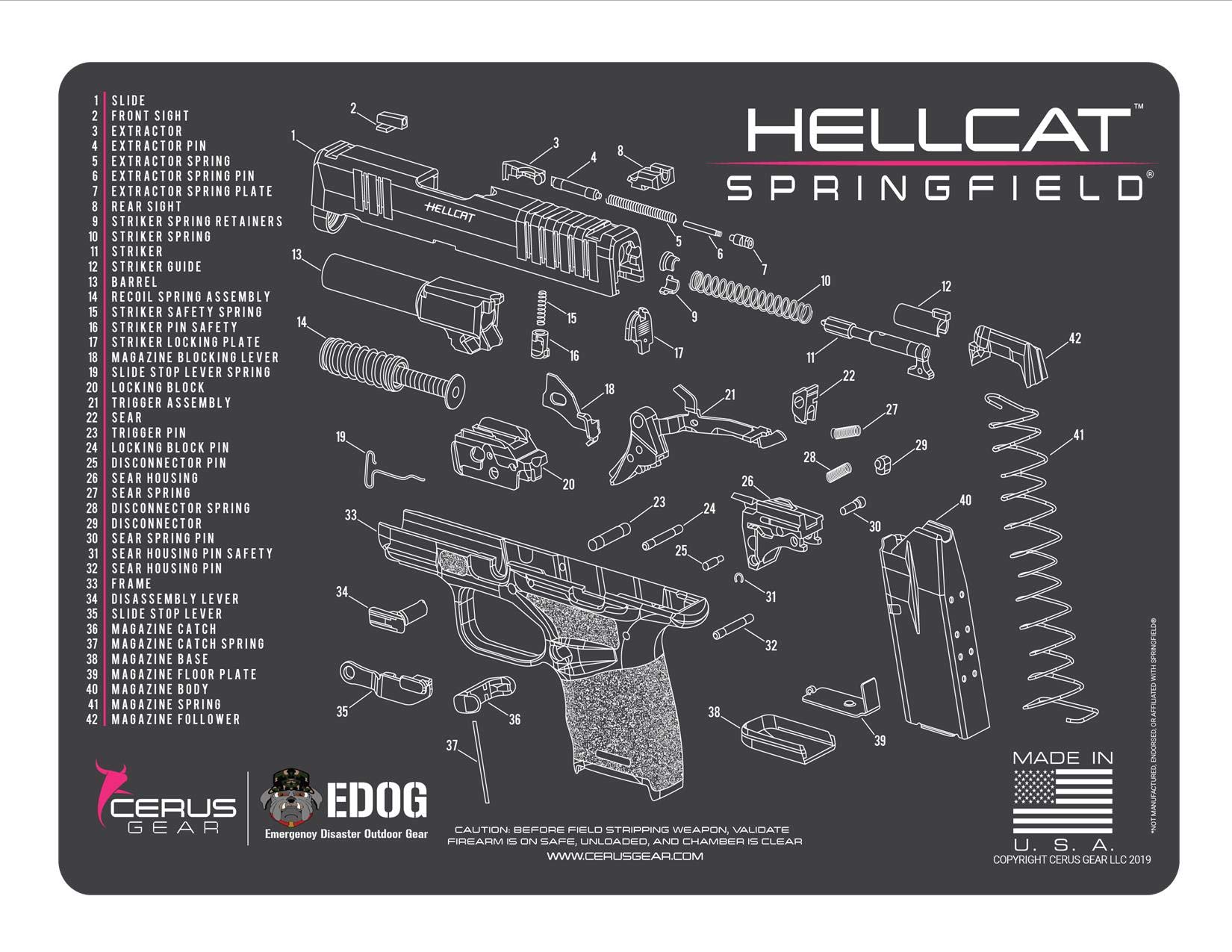 EDOG Ladies Hellcat Ladies Gun Cleaning Mat - Pink Trim Schematic (Exploded View) Diagram Compatible with Springfield Armory Hellcat Pink 3 mm Pad Protect Firearm Magazines Bench Surfaces Gun Oil