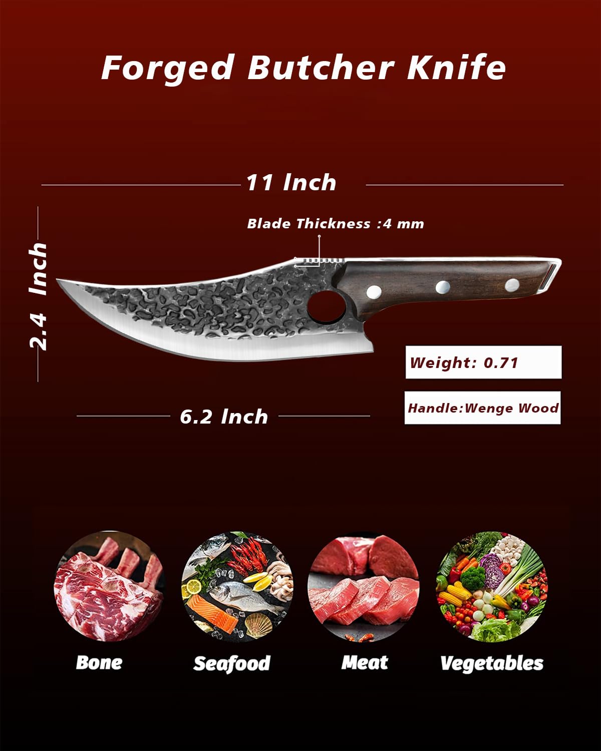 ohmonlyhoo Butcher Knife for Meat Cutting, Chopping, Dicing, Mincing- 12.2" Butcher Knife Made with Hand Forged HC Steel for Home Outdoor Camping BBQ Christmas Thanksgiving Gift Idea