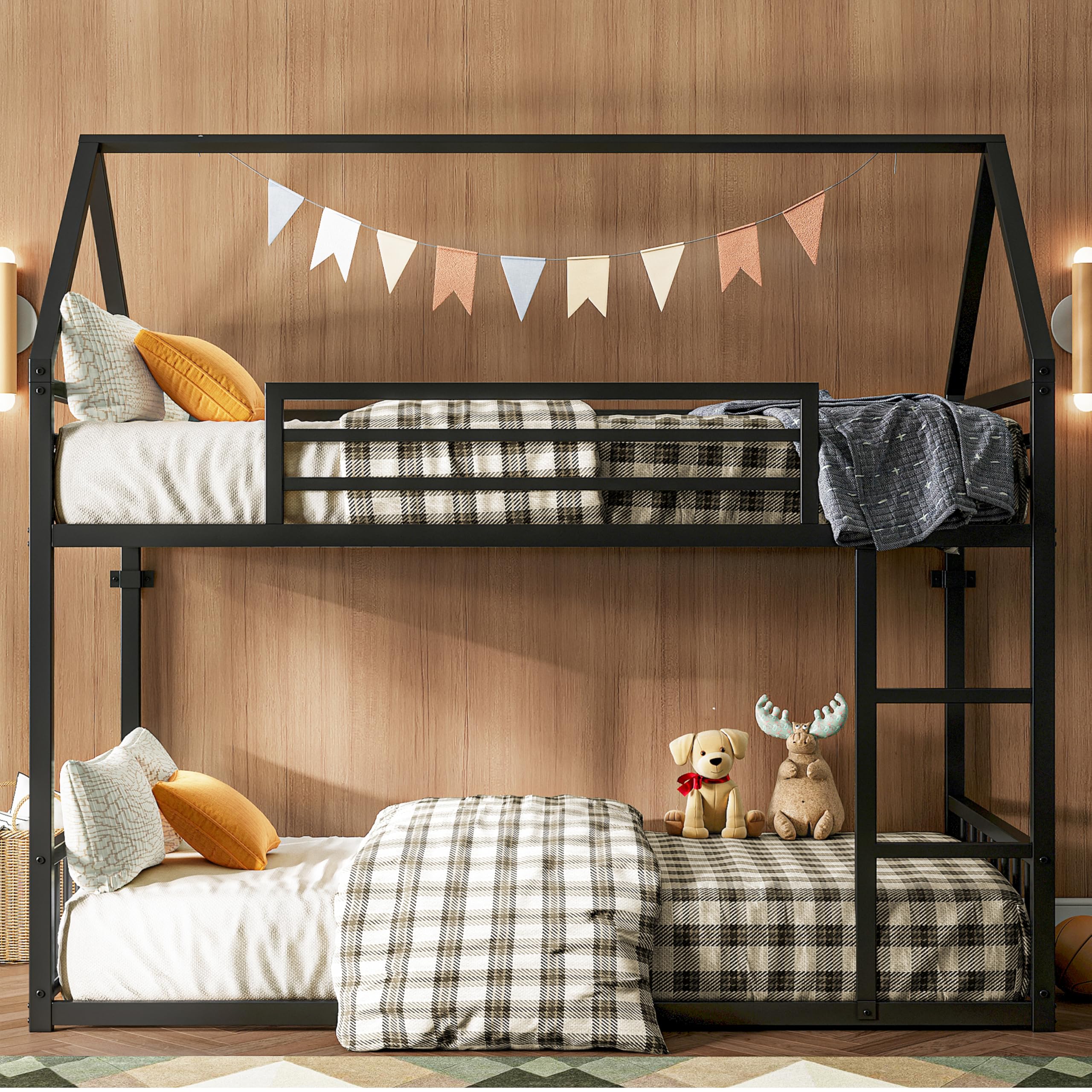 LIKIMIO Bunk Bed Twin Over Twin, House Bunk Bed Frame with Ladder and Guardrail, House Shaped with Metal Slats for Dormitory and Bedroom, Space Saving, No Box Spring Needed, Black