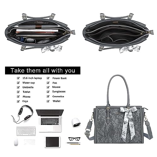 MOSISO Laptop Bag for Women, 15.6-16 inch PU Leathe Tote Bag Compatible with MacBook, HP, Dell, Asus Notebook, Front Embossed Retro Hibiscus Computer Bag with Silk Scarf&Clutch Purse, Gray