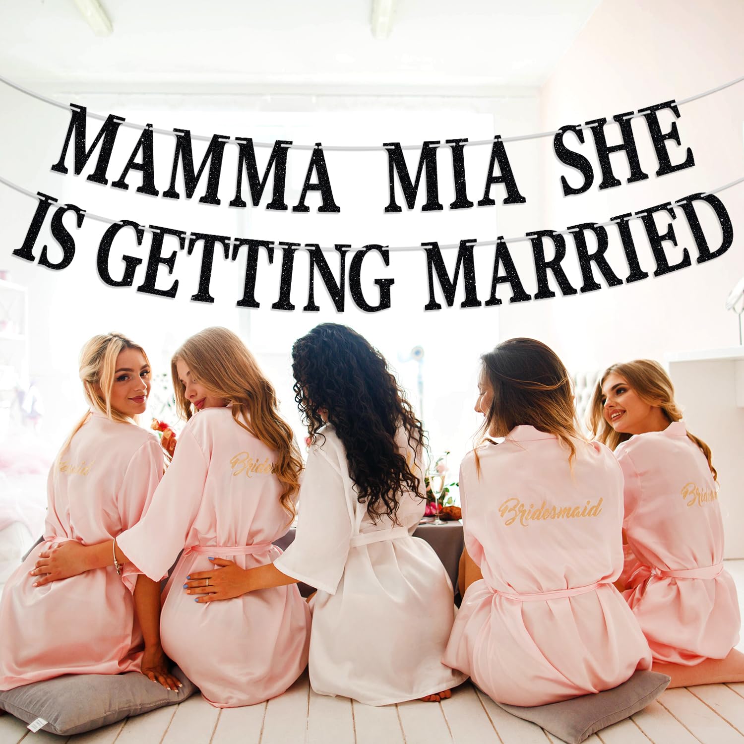 Mamma Mia She is Getting Married Banner, Newly Engaged/Wedding Gift for Bride, Engagement/Wedding/Brial Shower Party Decoration Supplies for Friends, Black Glitter