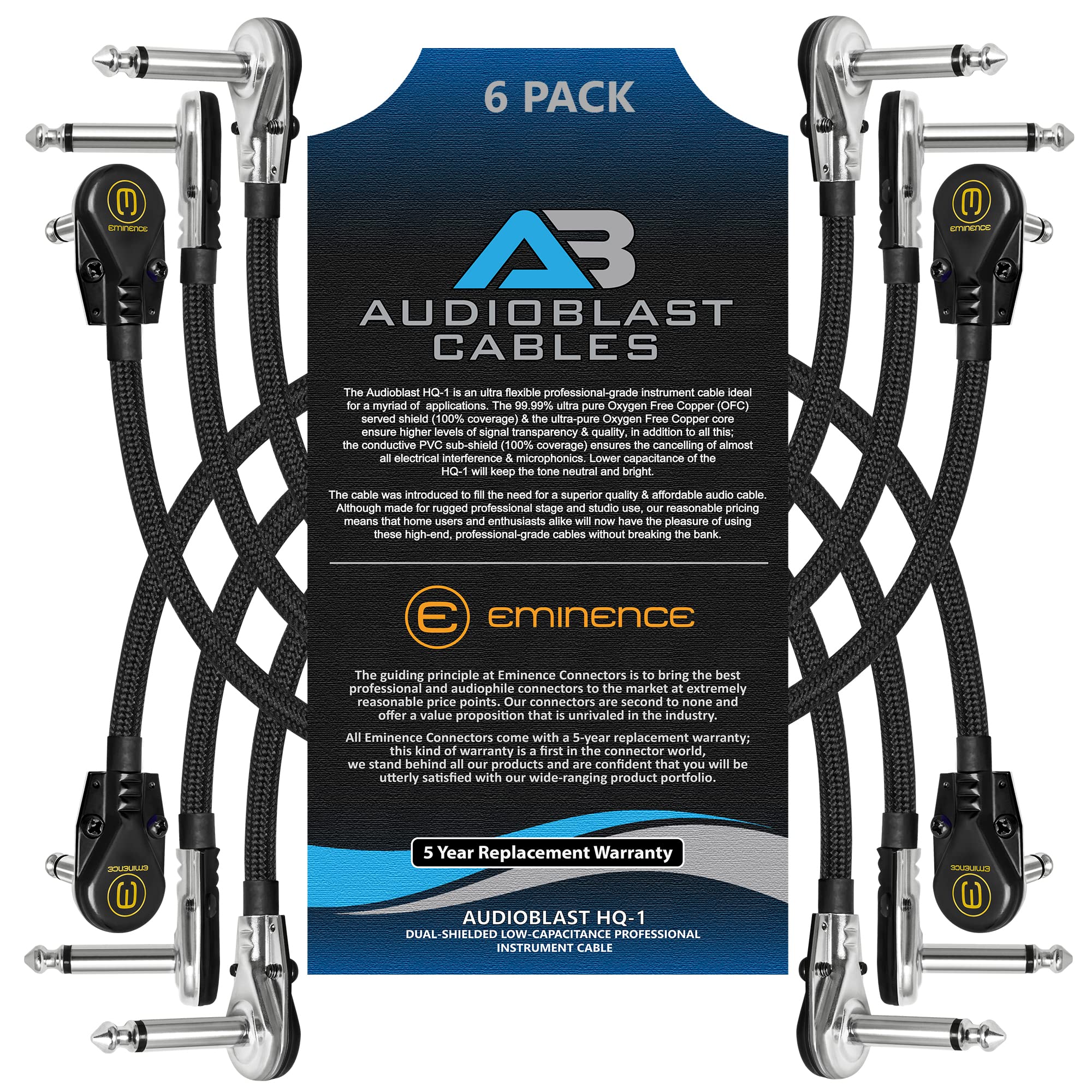 Diginex 6 Units - 4 Inch - Audioblast HQ-1-BRAID (Black)- Flexible - Dual Shielded (100%) - Instrument Effects Pedal Patch Cable w/ ¼ inch (6.35mm) Low-Profile, R/A Pancake TS Plugs & Protective Boot