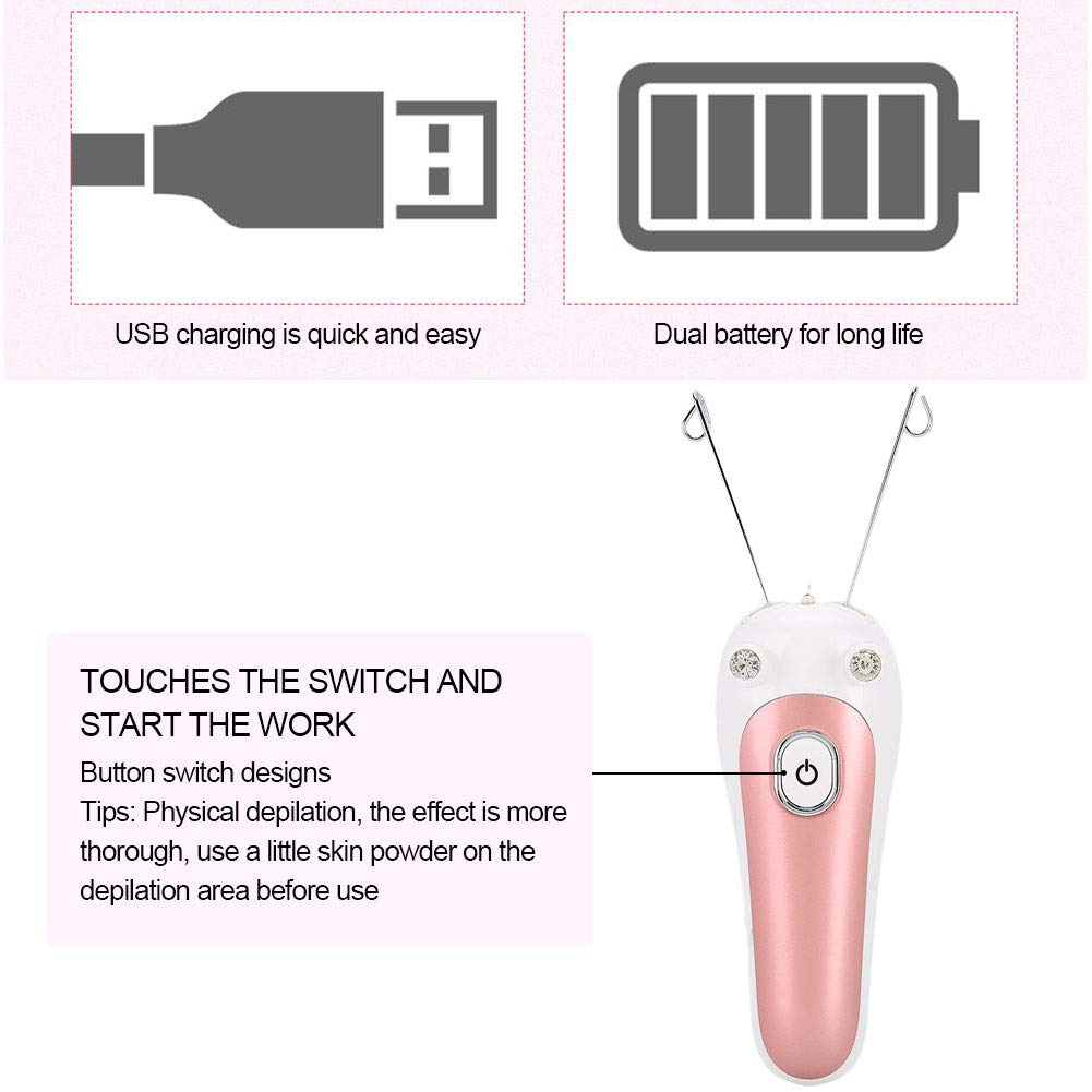Electric Hair Removal Body Facial Threading Epilator with Cotton Thread Rechargeable Physical Threader Hair Shaver(Pink)