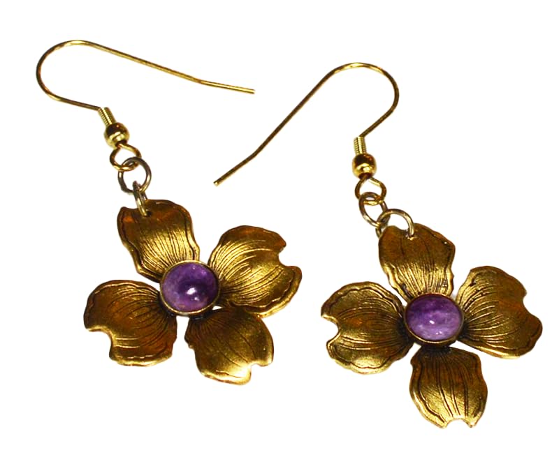 Elaine Coyne Antiqued Gold Brass Dogwood Flower Earrings - Charoite