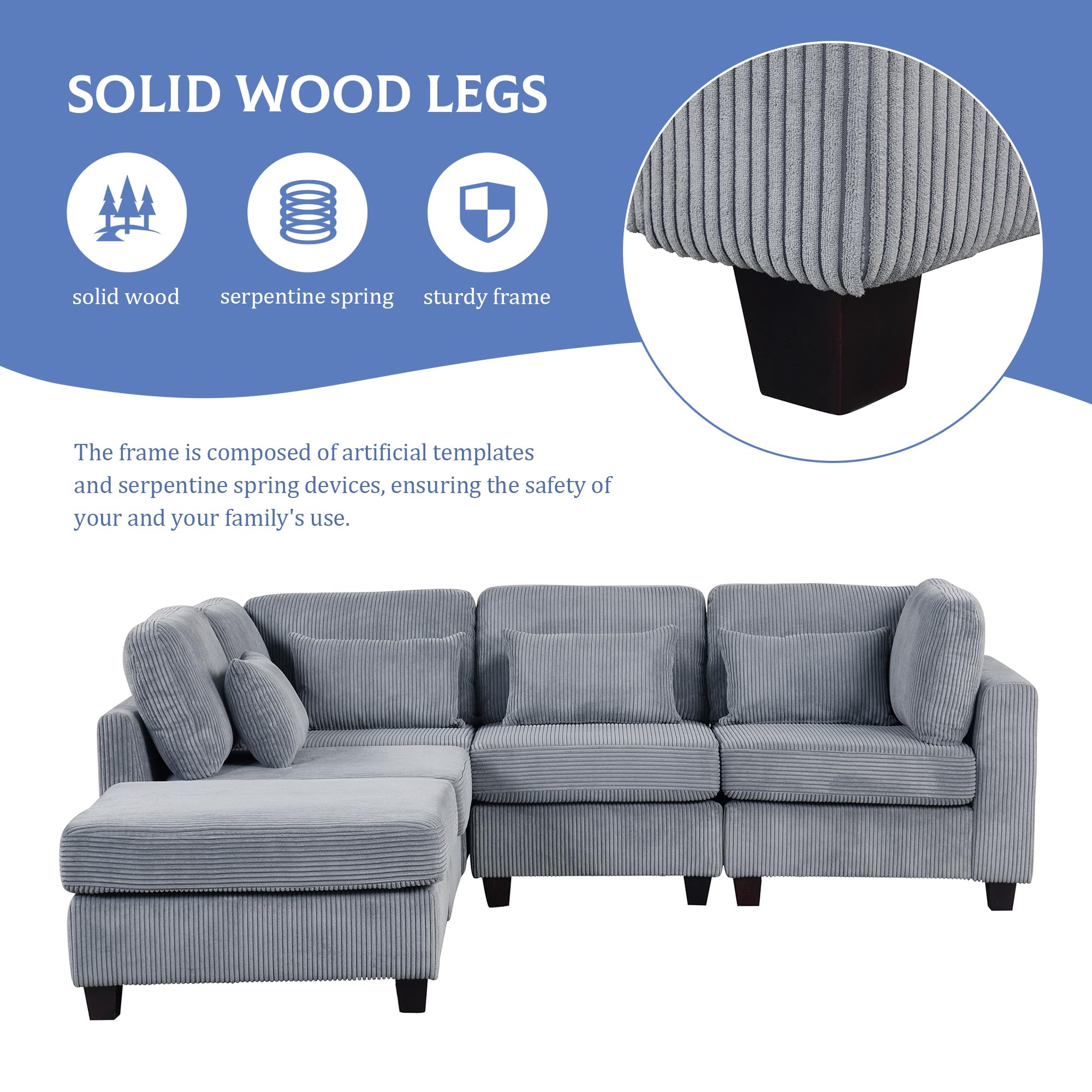 KELRIA 99.6" 5 Pieces L-Shaped Modular Sectional Sofa with Removable Ottomans and Waist Pillows, Modern Corduroy Fabric Upholstered Couch for Living Room, Apartment, Studio, Grey