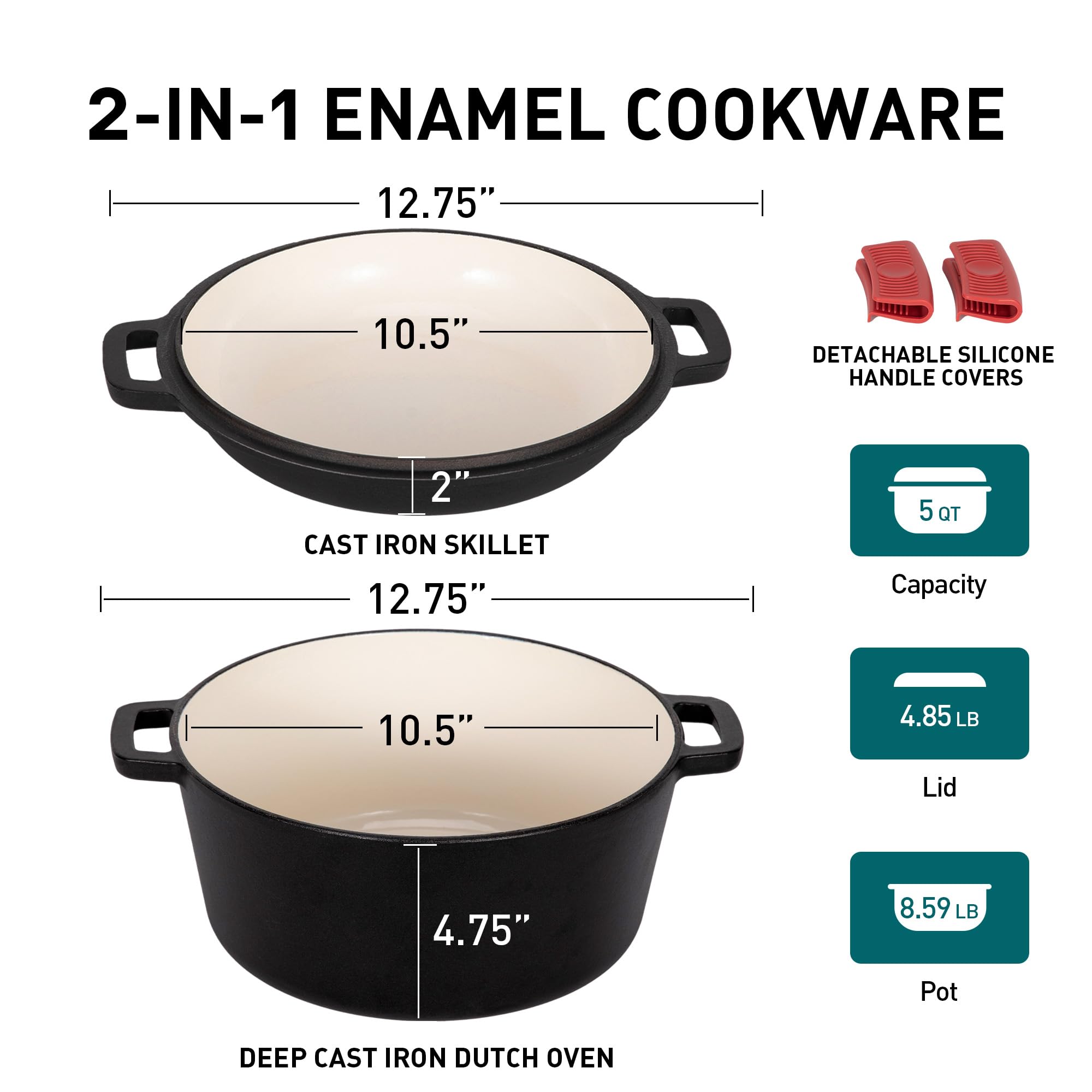 Kitchen Academy 5QT Enameled Cast Iron Dutch Oven Pot with Skillet Lid for Bread, Frying, Baking, Camping, BBQ, 2-in-1 Non Stick Enamel Coated Cookware, Oven Safe up to 500ยฐ F (Black)