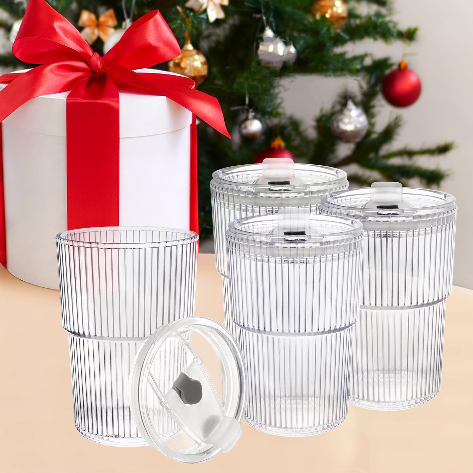 RÉΑLWÁY 16 OZ Iced Coffee Cups with Lids and Straws Set of 4, Unbreakable Plastic Drinking Glasses Reusable Iced Coffee Glass to Go Cup for Iced Tea,Juice, Water,BPA Free, Dishwasher Safe