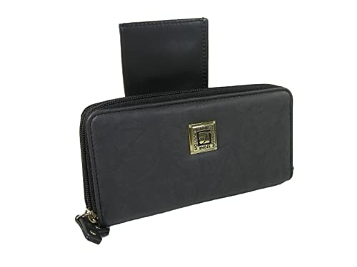 New Stone Mountain Zip Around Wallet & Checkbook Purse Bag Black Leather 2 Piece