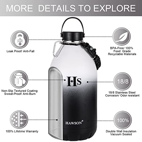 HAWSON Insulated Water Bottle 128oz with Straw Handle Lid Sport One Gallon Water Jug Stainless Steel Cold Water Bottles with Paracord Handle Wide Mouth Thermo Canteen Mug