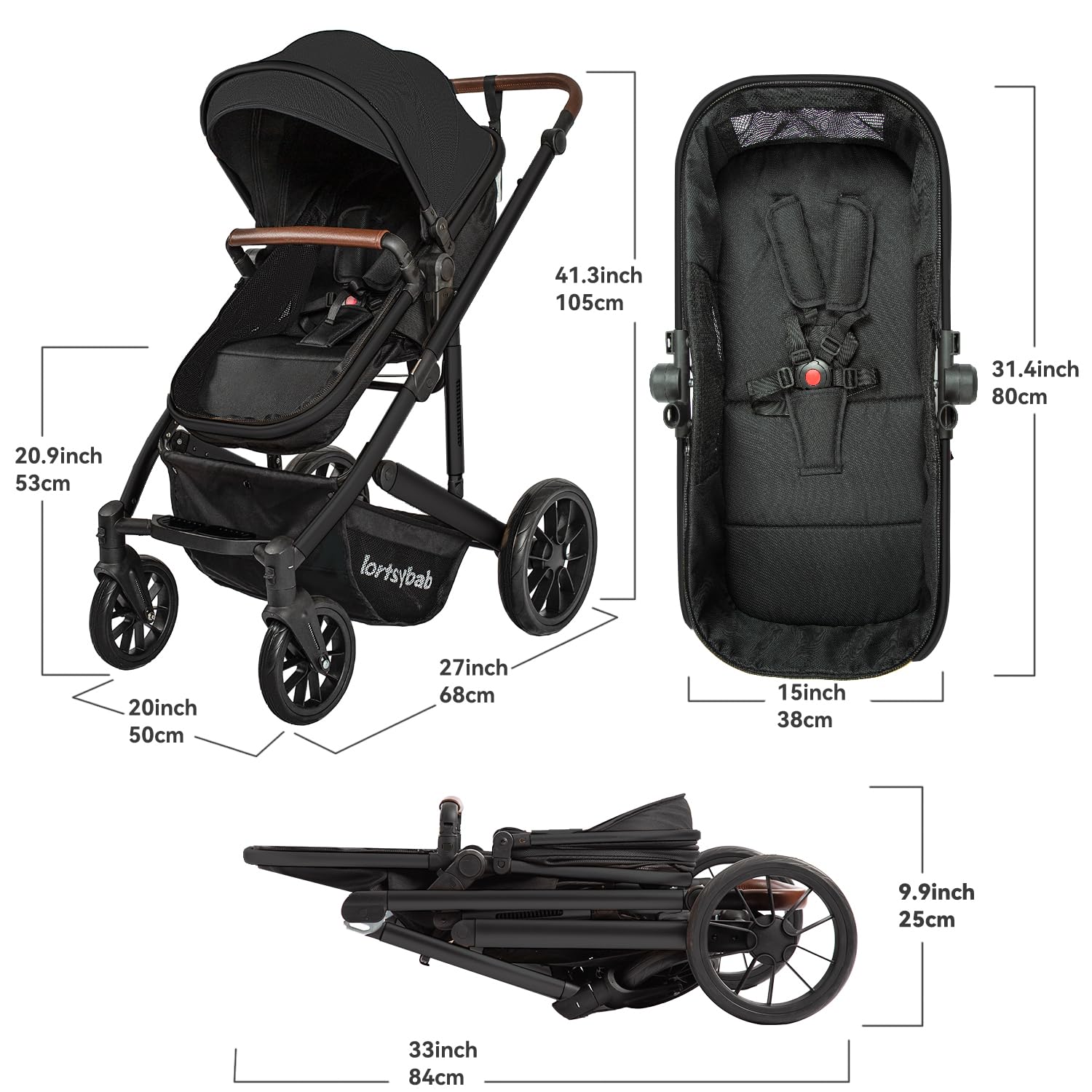 LORTSYBAB 2 in 1 Convertible Baby Stroller, High Landscape Infant Stroller w/Reversible Seat, Adjustable Backrest & Canopy, Newborn Reversible Bassinet Pram Strollers, Black