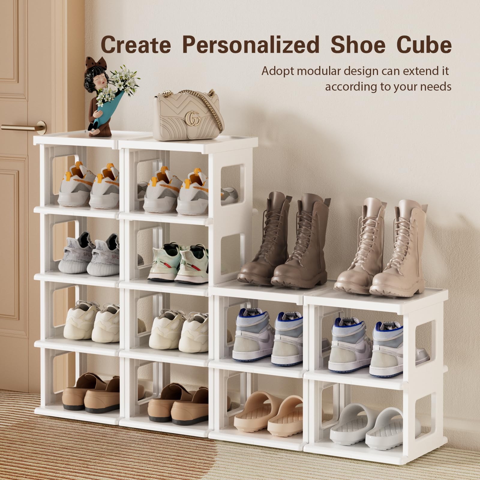 Dscabomlg Space-Saving Shoe Organizer, White Cyan, Plastic, 4 Tier, Foldable, Free Standing, Easy Assembly, Durable