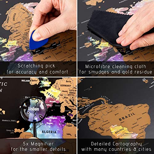 Scratch Off Travel Map + BONUS Europe Map | Premium World Map Scratch Off Poster in Nebula Watercolor | Travel Scratch Off Map with Accessories Kit and Travel Map Gift Tube