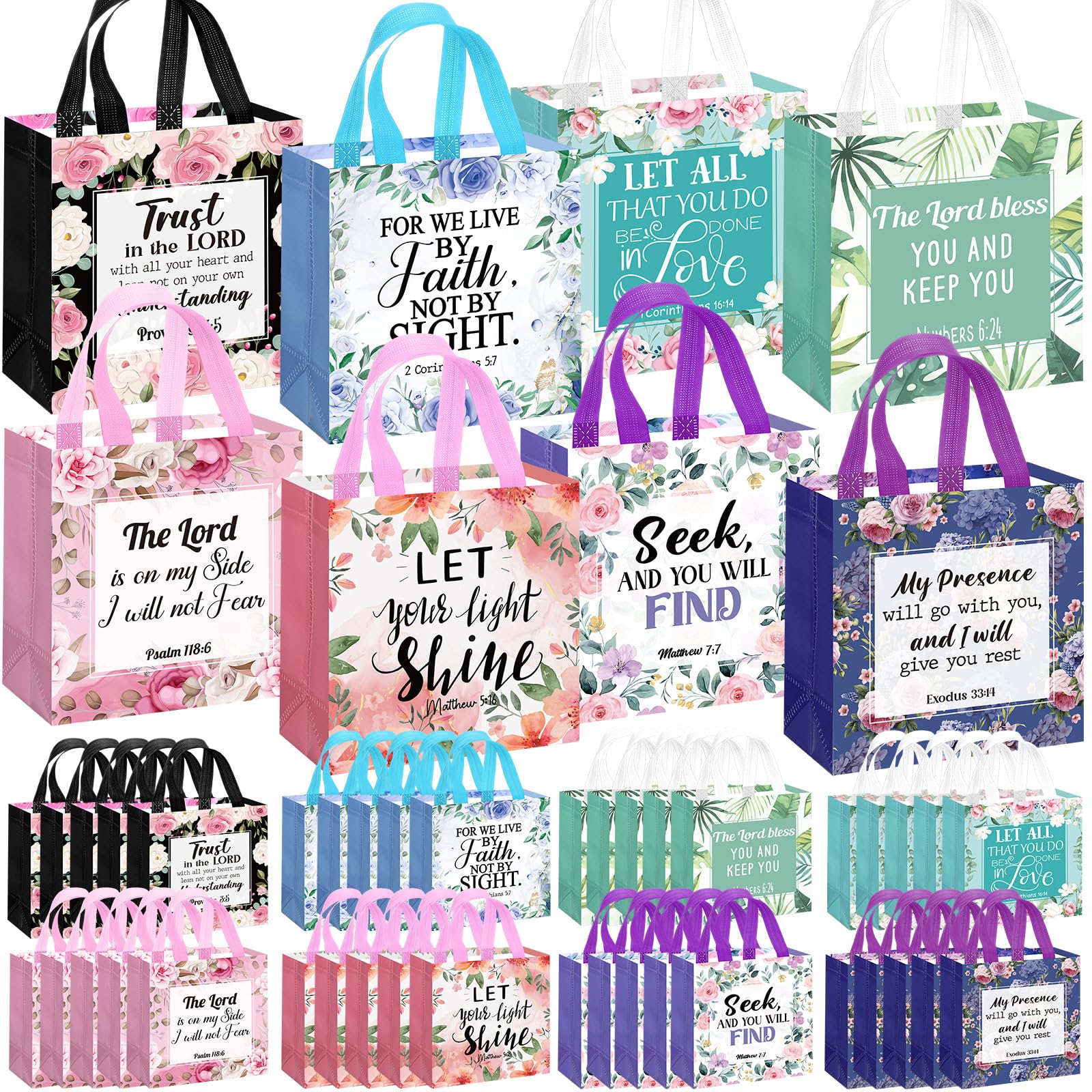 Riakrum 32 Pcs Bible Verse Flower Gift Bag with Handles Religious Reusable Gift Bags Bulk Christian Baptism Tote Bags Non Woven Gift Bags for Women Wedding Birthday Gift Wrapping Bags
