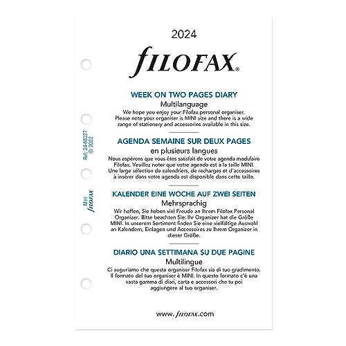 Filofax Calendar Diary Refill, Mini Size, Week-to-View, White Paper, Unruled, Multilingual: Four Languages, 2024 (C68127-24)