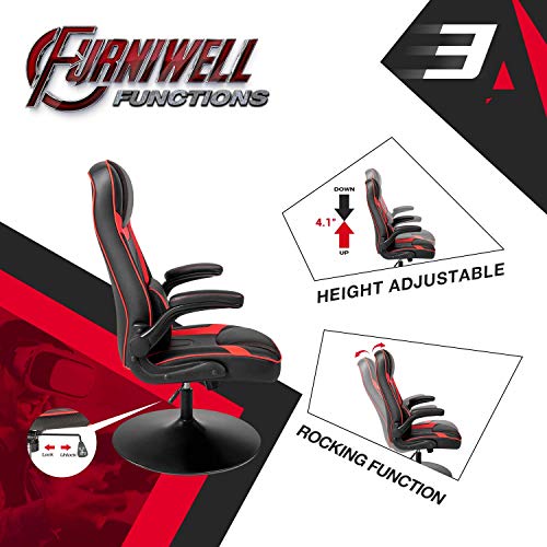 Furniwell Rocking Gaming Chair Racing Style Computer Chair Gaming Chair Swivel High Back Office Gaming Chair Adjustable Armrests, Ergonomic Back Support and Base (Red)