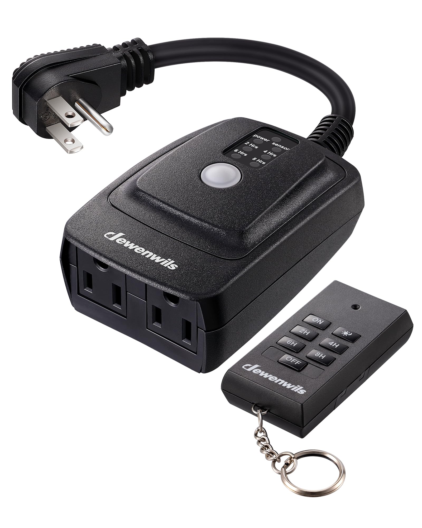 DEWENWILS Light Sensor Timer Waterproof, Plug in Timer Switch, 100 ft Range Remote Control with 2 Grounded Electrical Outlets for Outdoor String Lights, 15A 1/2HP UL Listed