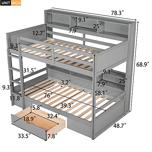 Merax Twin Size Bunk Bed with Built-in Shelves Beside Both Upper and Down Bed and Storage Drawer, Twin Over Twin Solid Wood Bed Frame for Teens, Grey
