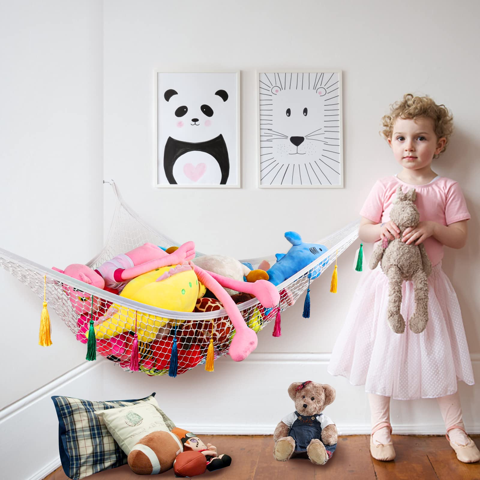Stuffed Animal Net, Toy Storage Hammock, Premium Plush Hanging Stuff Animals Organizer, Mesh Pet Net with 12pcs Colorful Tassels for Nursery Play Room Bedroom Kid Room(Large, White)