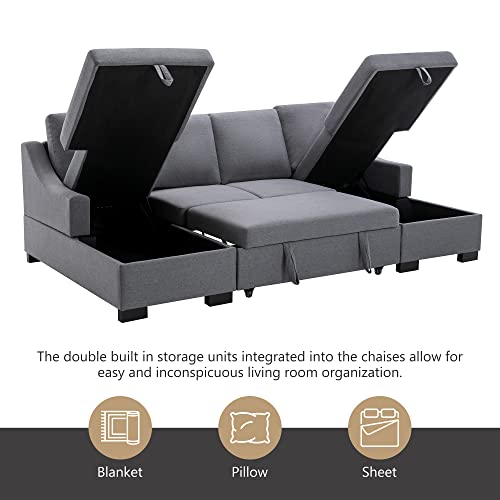 Merax Upholstery Sectional Sofa Sleeper Sectional Couch Pull-Out Sofa Bed,U Shape Sectional Sofa with Double Storage Spaces and 2 Tossing Cushions for Living Room