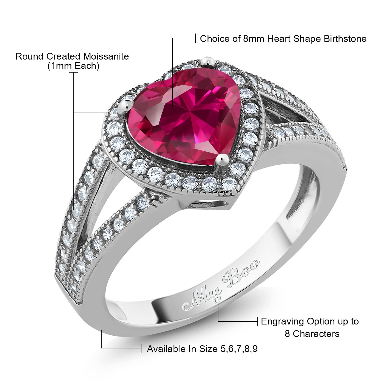 Gem Stone King 925 Sterling Silver Customized and Personalized 8MM Heart Shape Gemstone Birthstone and White Moissanite Name Engraved Ring For Women (Size 8)