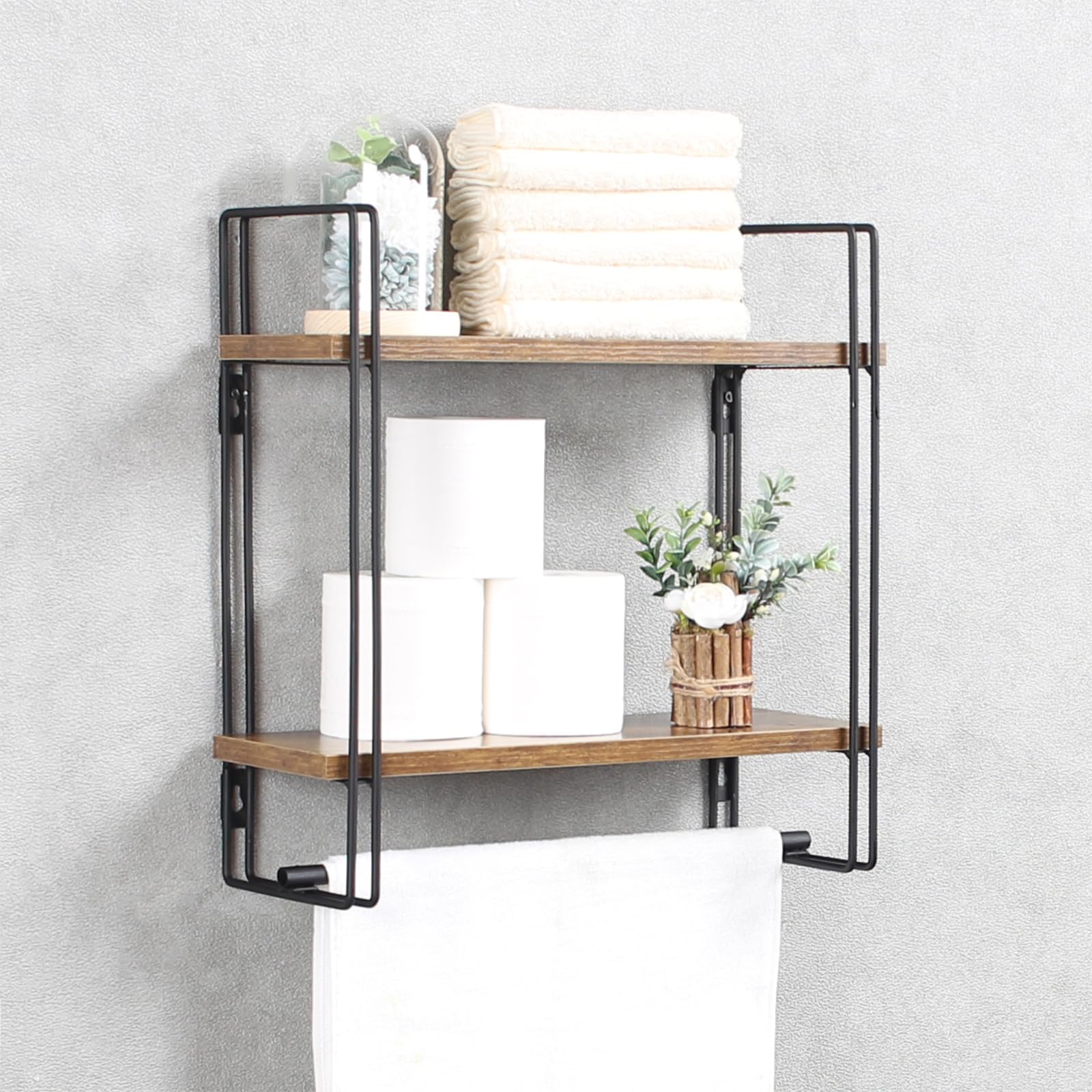 OISSIO Industrial Bathroom Shelves Wall Mounted,Rustic 2-Layer Bathroom Shelf with Towel Bar,Floating Shelves,Black