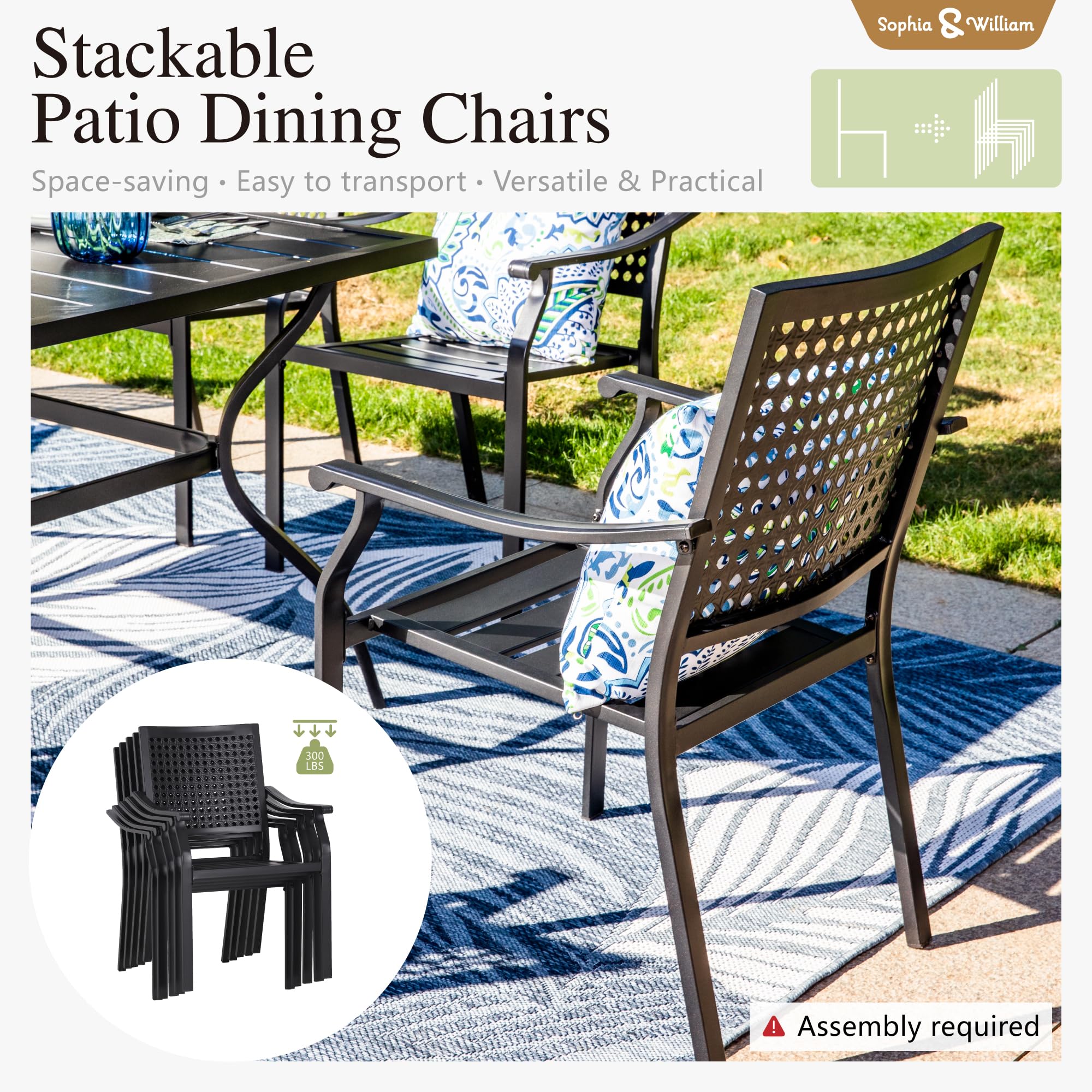 Sophia and William 2 Pcs Metal Stackable Patio Dining Chairs with Armrest, Set of 2 Black Outdoor Dining Chairs with All Wrought Iron Frame, for Garden, Backyard, Lawn,Supports 300 lbs