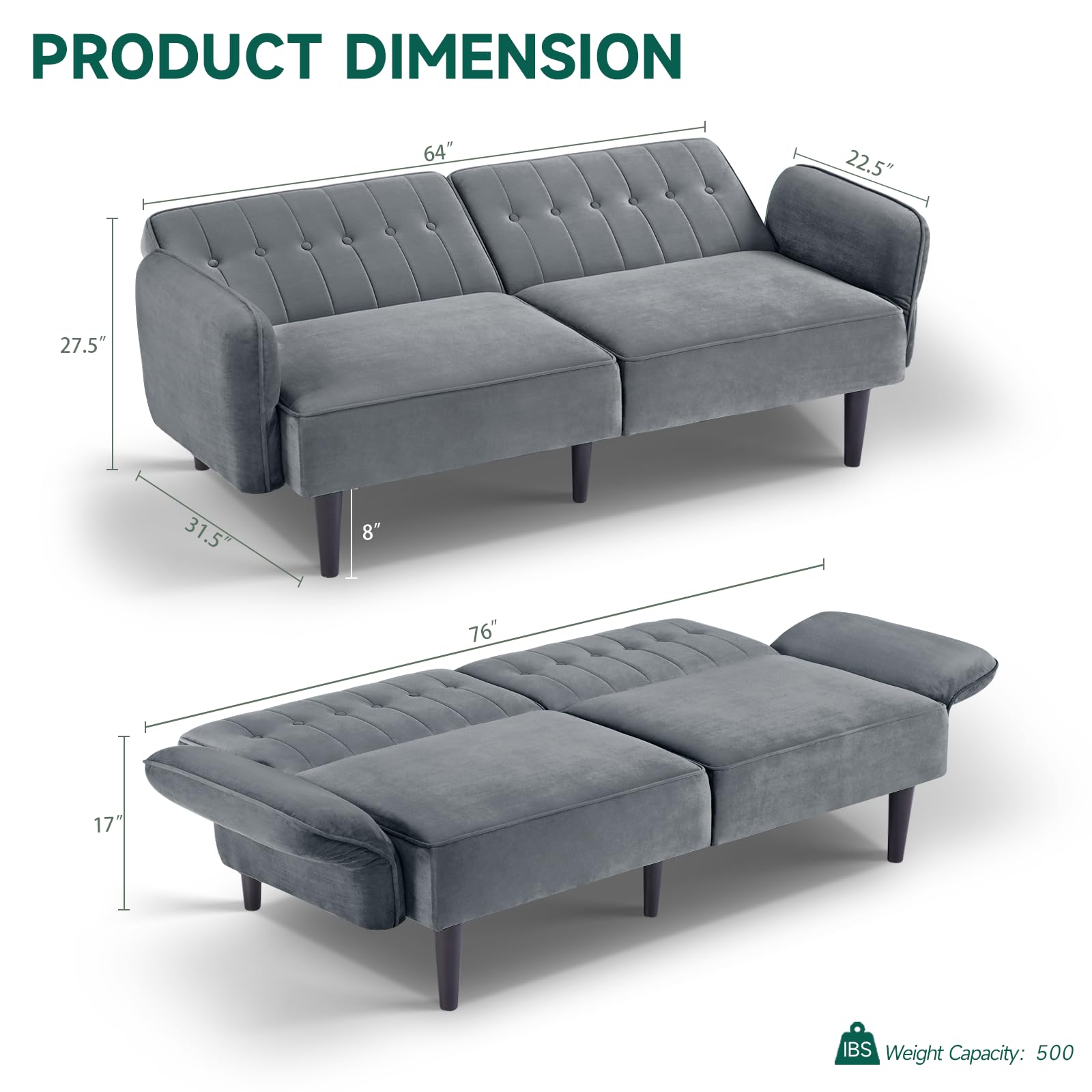 ONBRILL Loveseat Sofa Bed, Grey Couch Bed Mid-Century Modern Sleeper Sofa, Velvet Couch Convertible Futon Sofa Bed, Small Couch with Adjustable Backrest & Armrest, Love Seat Couches for Living Room