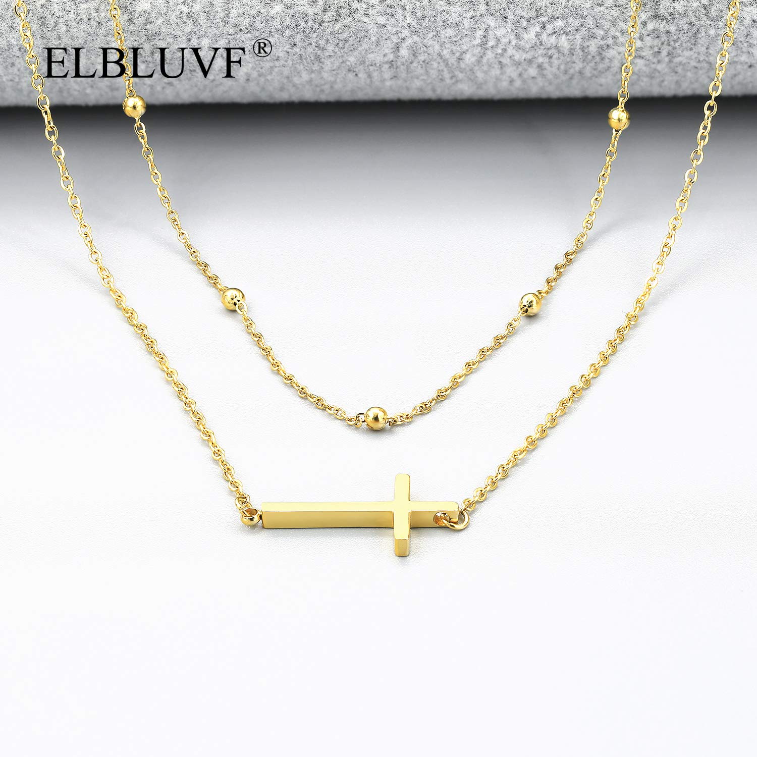 ELBLUVF Stainless Steel Gold Rose Gold Silver Plated Dainty Beads Sideways Cross Double Layers Necklace For Women (Gold 2 layers cross)