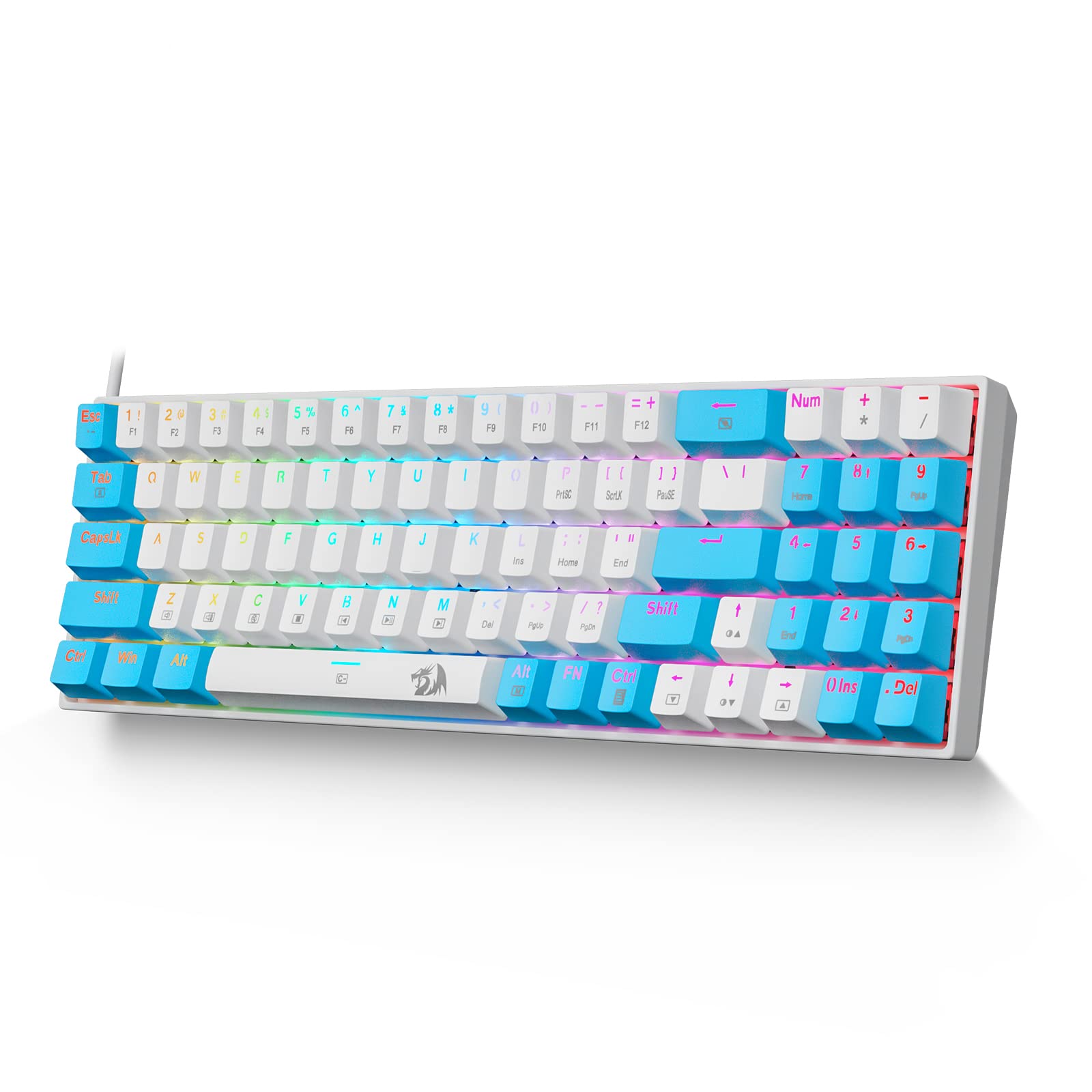 HUO JI K688 Compact Mechanical Gaming Keyboard with Number Pad, Programmable True RGB Backlit, Hot Swappable Blue Switches, Pro Driver/Software Supported, for PC/Computer/Laptop, White and Blue