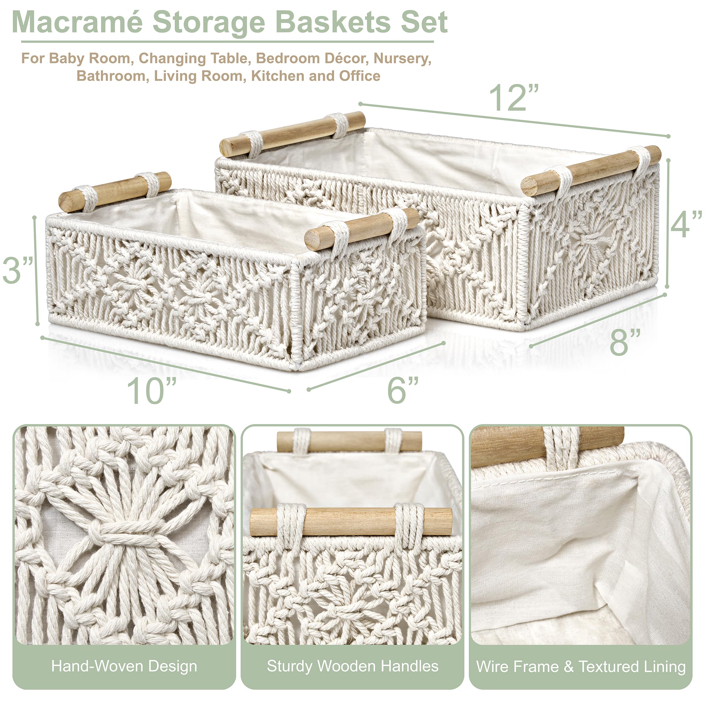 Sorbus Macrame Boho Decor Baskets - 2 Decorative Gift Baskets for Nursery, Baby Room, Toilet Tank Top - Lined Baby Basket Set for Organizing Changing Station, Linens, Clothes, Diapers, Toiletries