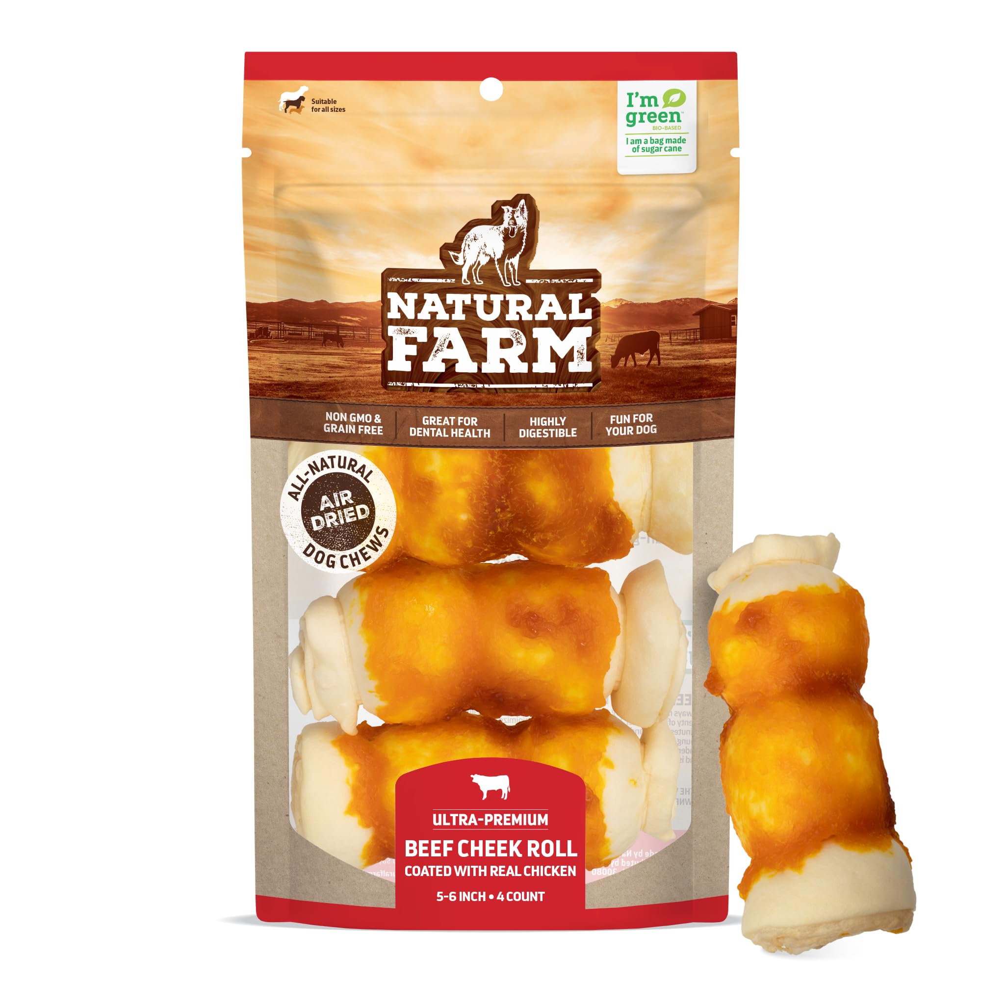 Natural Farm Beef Cheek Rolls, Chicken Flavor, 5-6" Inch (4 Pack), Safe Rawhide Alternative Dog Chew - Great for Power Chewers - Long Lasting Chews, Treats, Bones for Aggressive Chewers & Large Dogs