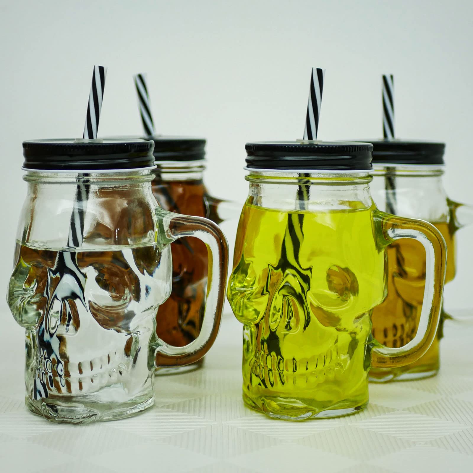 GXFCCYXT 16oz Skull Mason Jar Glass Cup - Set of 4, with Handle & Striped Straws & Black Lids, for Cold & Hot Drinks, Cute Reusable Beer Bottle, Iced Coffee Glasses, Party Juice Glass Cup