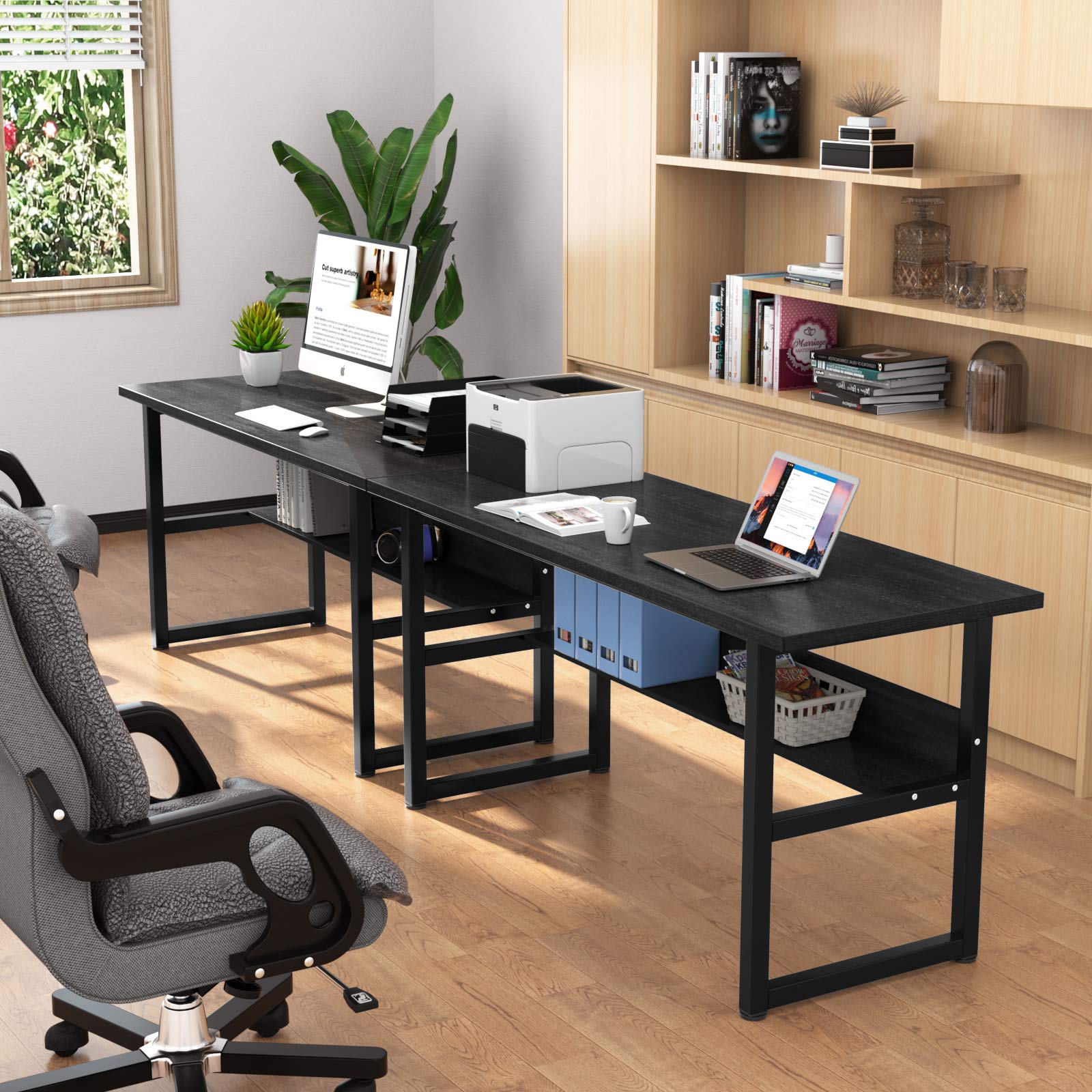 DEWEL Computer Desk with Bookshelf 63inch Writing Desk Home Office Desk with Storage Shelf Large Gaming Table Corner Workstation for Bedroom Simple Style Easy Assembly(63 inch Black Walnut)