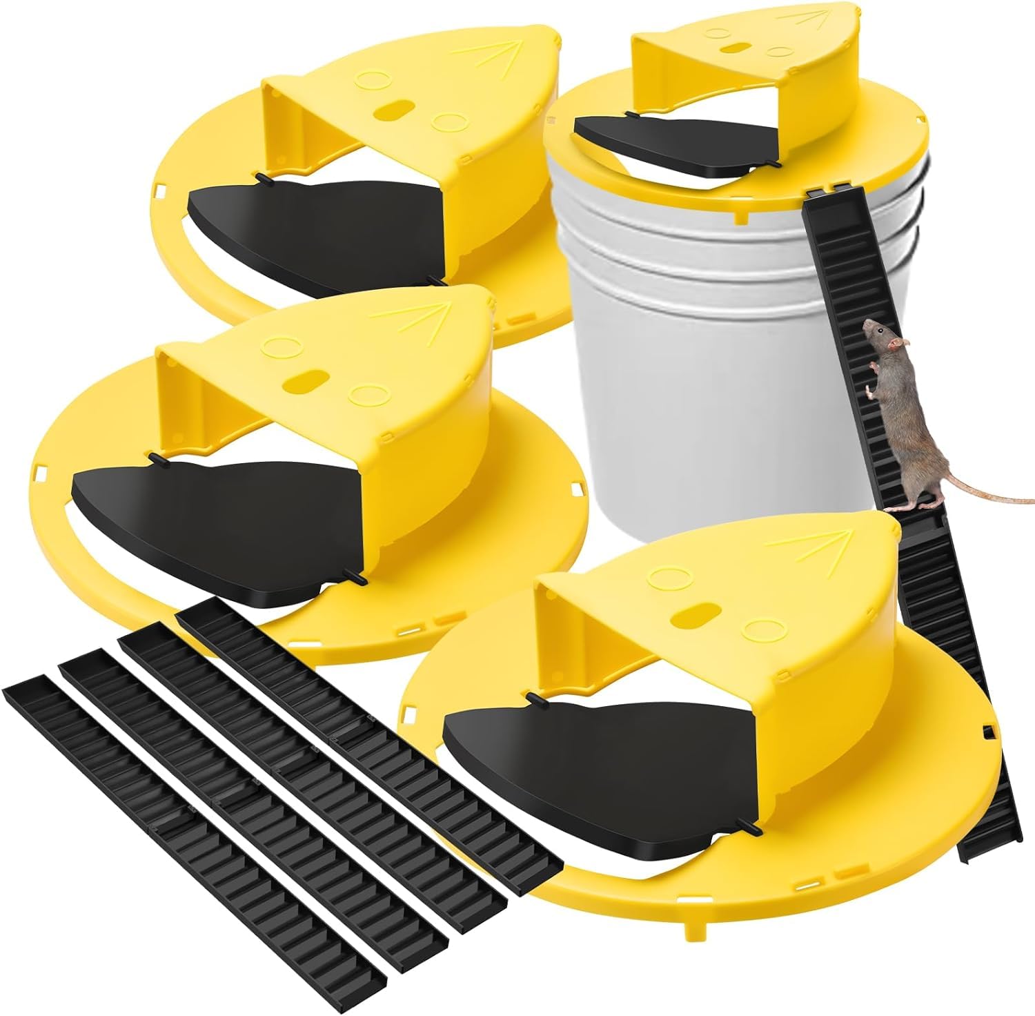 Pack 3 Bucket Lid Mouse Rat Trap, Mouse Catching Tool, Trap Door Style, Multi Catch, Auto Reset, Indoor Outdoor, 5 Gallon Bucket Compatible