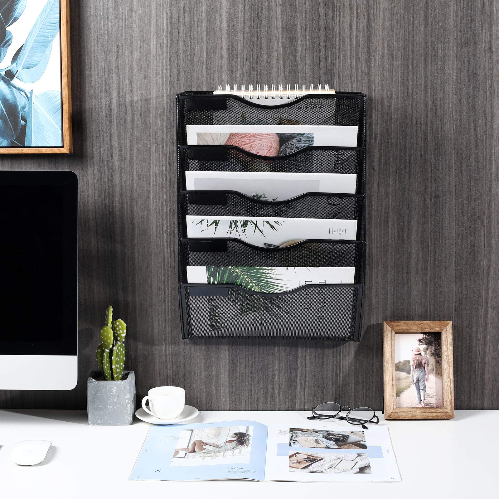 EasyPAG File Organizer Mesh 5 Pockets Large Capacity Wall Hanging File Organizer Vertical Holder Rack for Office Home ,Black