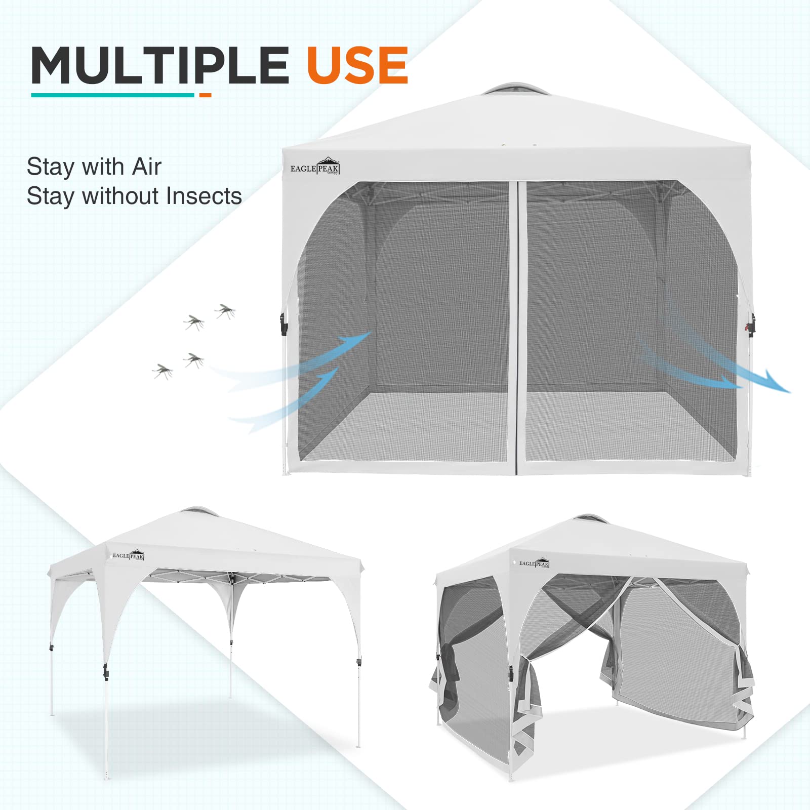 EAGLE PEAK 10' x 10' Outdoor Pop Up Canopy Tent, Pop Up Screenhouse, Portable Sun Shelter with Mosquito Netting, Vented Top and Wheeled Carrying Bag, White