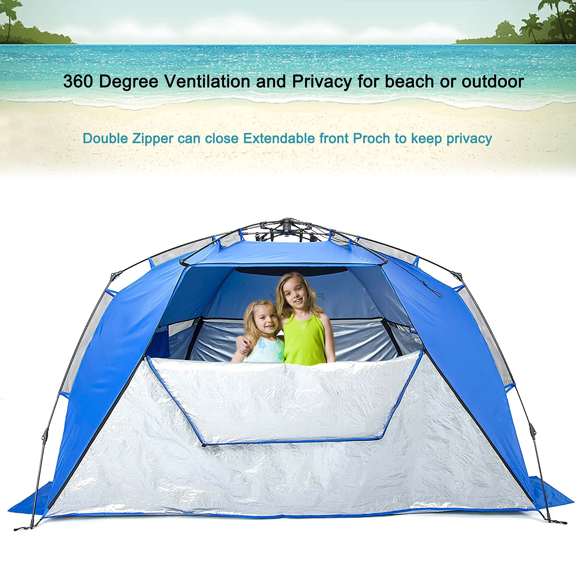 Easy Up Folding Beach Tent,Privacy Deluxe Sun Shelter for Family and Sports Events,SPF 50+,Large Ventilation Windows and Storage Pockets with Stakes