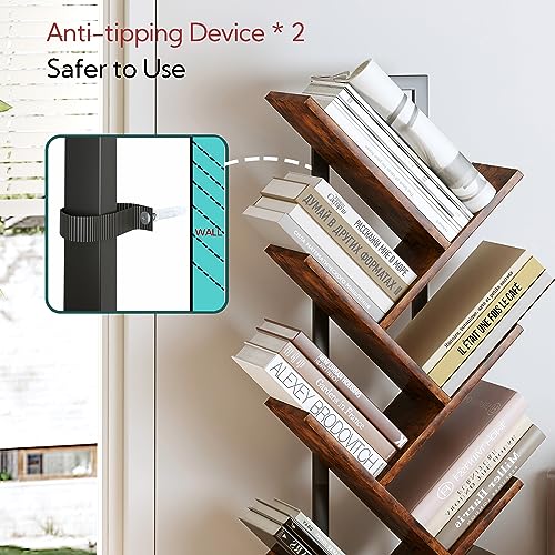 Yusong Tree Bookshelf, Geometric Bookcase with Steel Pipe for Living Room Bedroom, Floor Standing Shelves for Home Office (Rustic Brown, 9 Tier)
