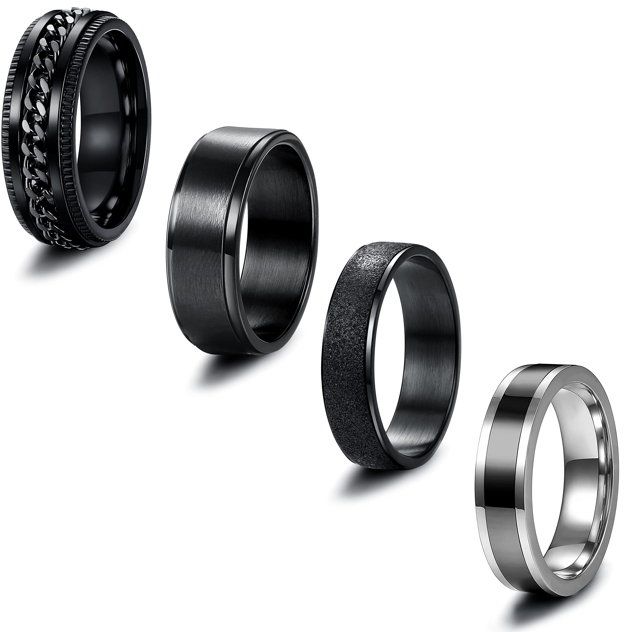 EIELO 4 Pieces Band Rings for Men Women Stainless Steel Cool Chain Inlaid Fidget Spinner Ring Black Silver Anxiety Wedding Pormise Ring Set