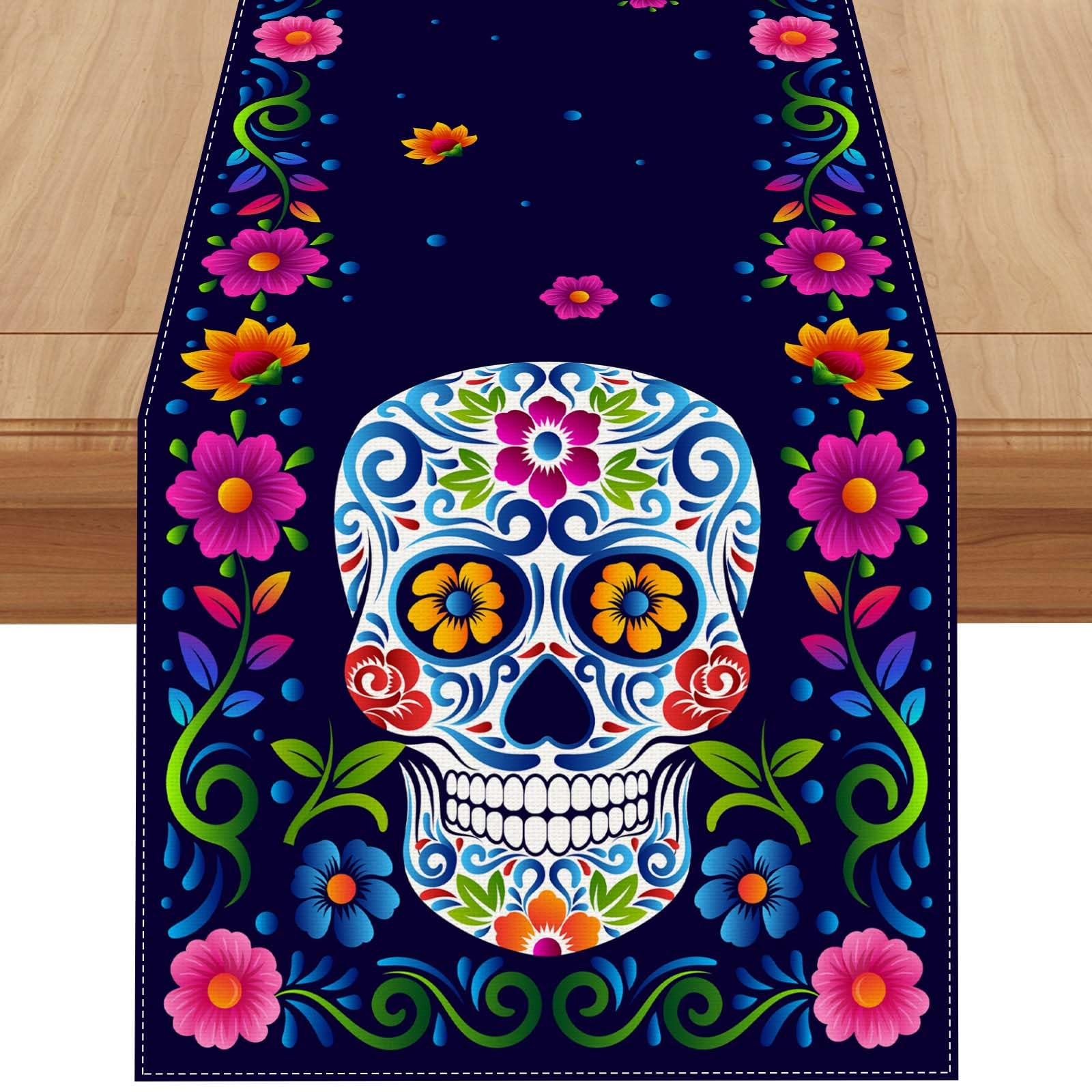 Linen Dia De Los Muertos Table Runner 72 Inches Long Day of The Dead Tablecloth Mexican Fiesta Themed Party Decorations and Supplies for Home Kitchen Dining Room Table