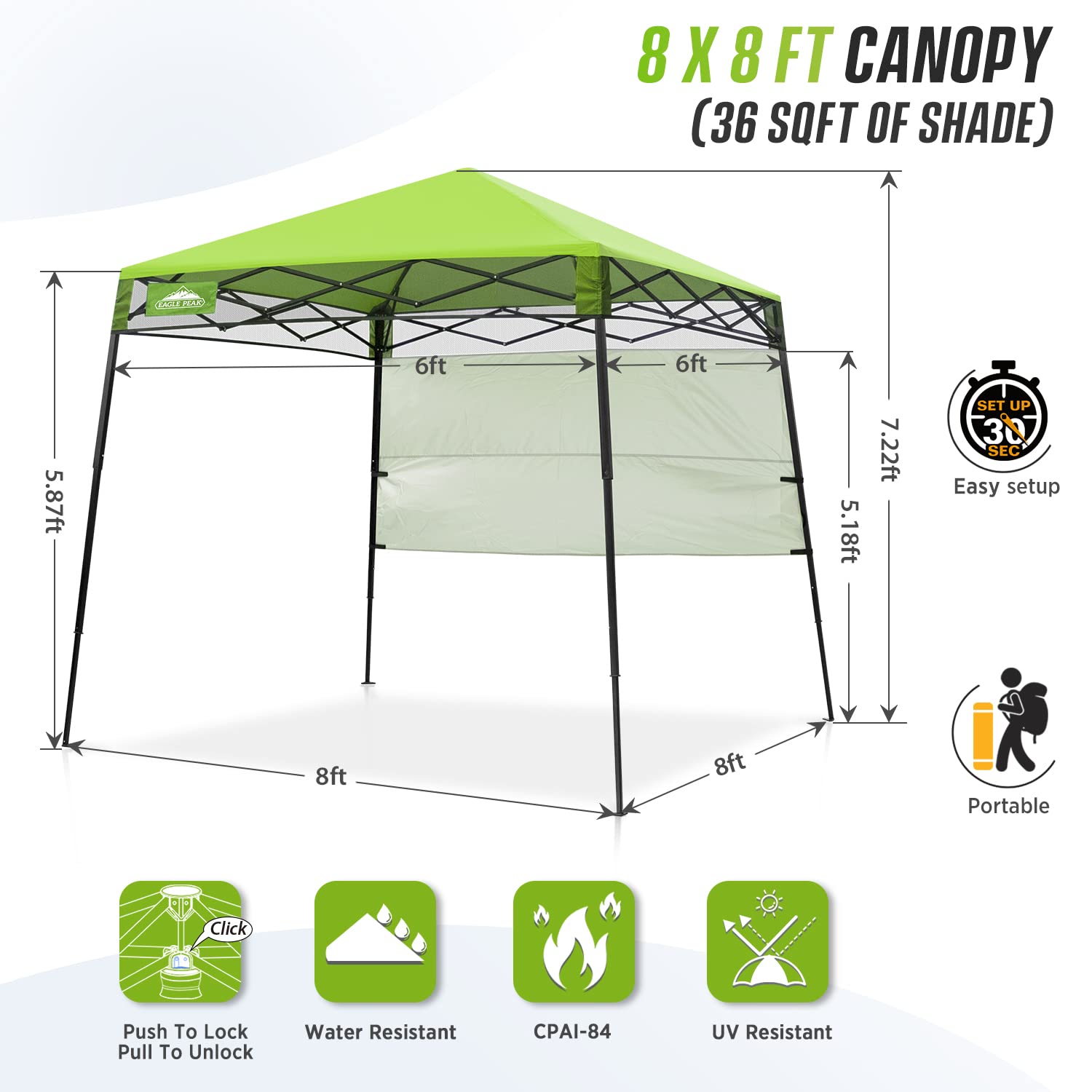 EAGLE PEAK 8x8 Pop Up Canopy Tent with Sidewall, Compact, Portable Slant Leg Instant Sun Shelter for Beach, Sports, & Camping, 8x8 Base 6x6 Top, Green