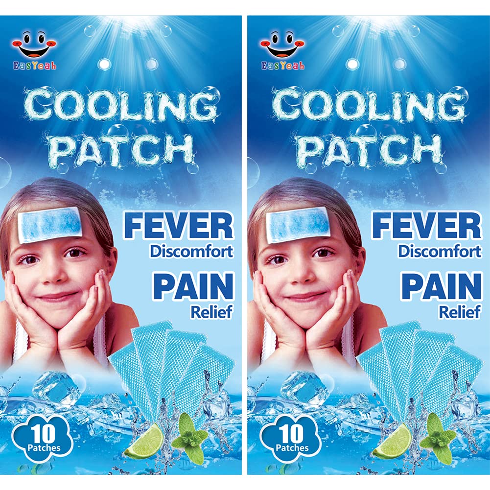EasYeah Cooling Patches for Fever Discomfort & Pain Relief, Cooling Relief Fever Reducer, Soothe Headache Pain, 10 Count Per Box (2 Boxes)