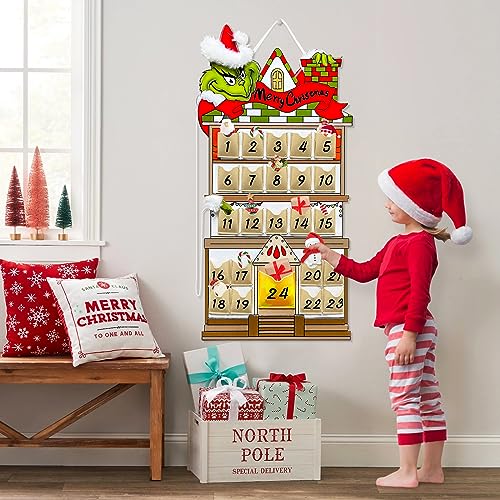 KOUPA Hanging Christmas Countdown Advent Calendar, Santa Grinch Green Haired Monster Decoration, Reusable Xmas Gift for Holiday Party Winter
