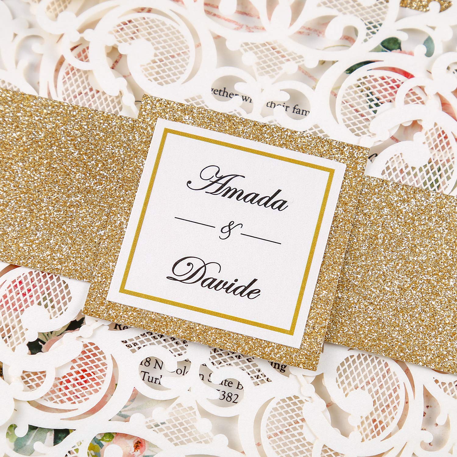 DreamBuilt 6.3 x 6.3 inch Ivory Laser Cut Wedding Invitations Cards with Gold Glitter Border and Bellyband for Wedding Bridal Shower (Ivory, 50pcs Blank)