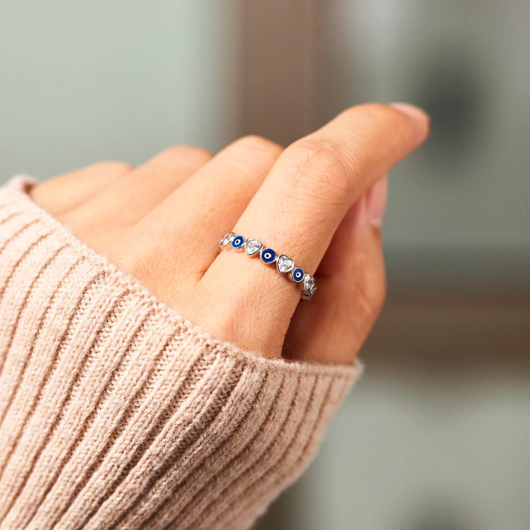 Fahm Tale Evil Eye Ring for Women 925 Sterling Silver Cubic Zirconia Stackable Band Rings Jewelry Valentines Gifts with Card and Gift Box, Size 5