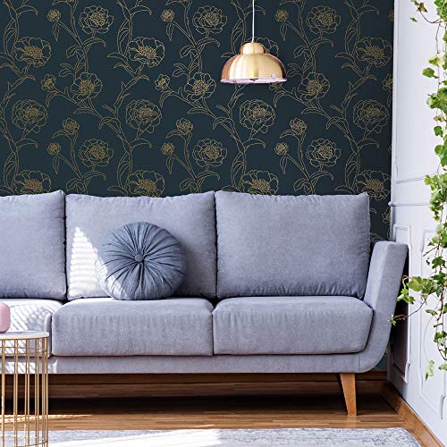 Tempaper Peacock Blue & Metallic Gold Peonies Removable Peel and Stick Floral Wallpaper, 20.5 in X 16.5 ft, Made in the USA