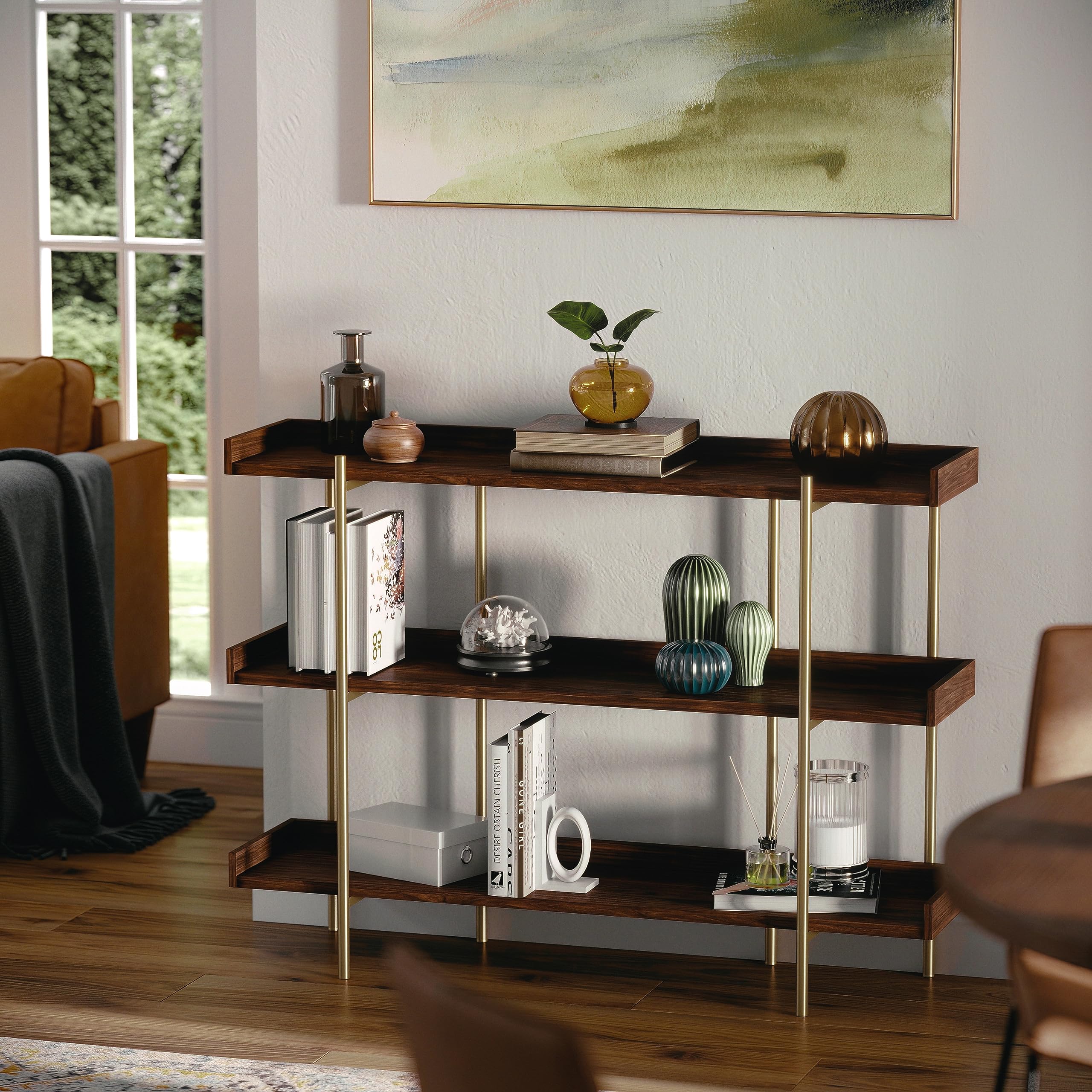 Martha Stewart Emmett 3 Shelf Storage Display Unit Bookcase with Metal, Set of 1, Walnut Wood Grain/Polished Brass Frame