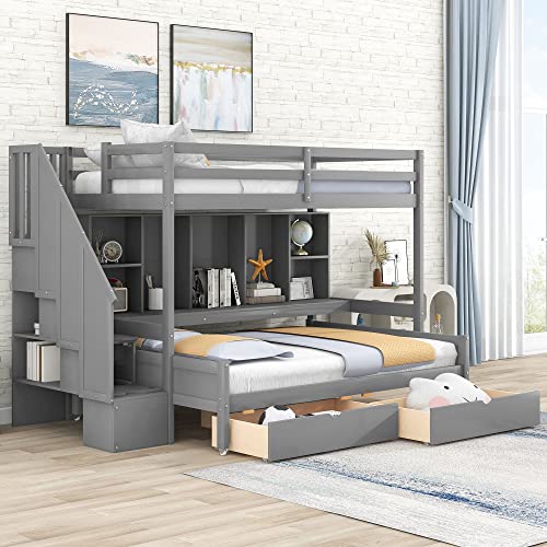 DEYOBED Twin over Full Bunk Bed Wooden Kids Bunk Bed Frame with Storage Shelves Drawers and Staircase for Kids Teens Adults
