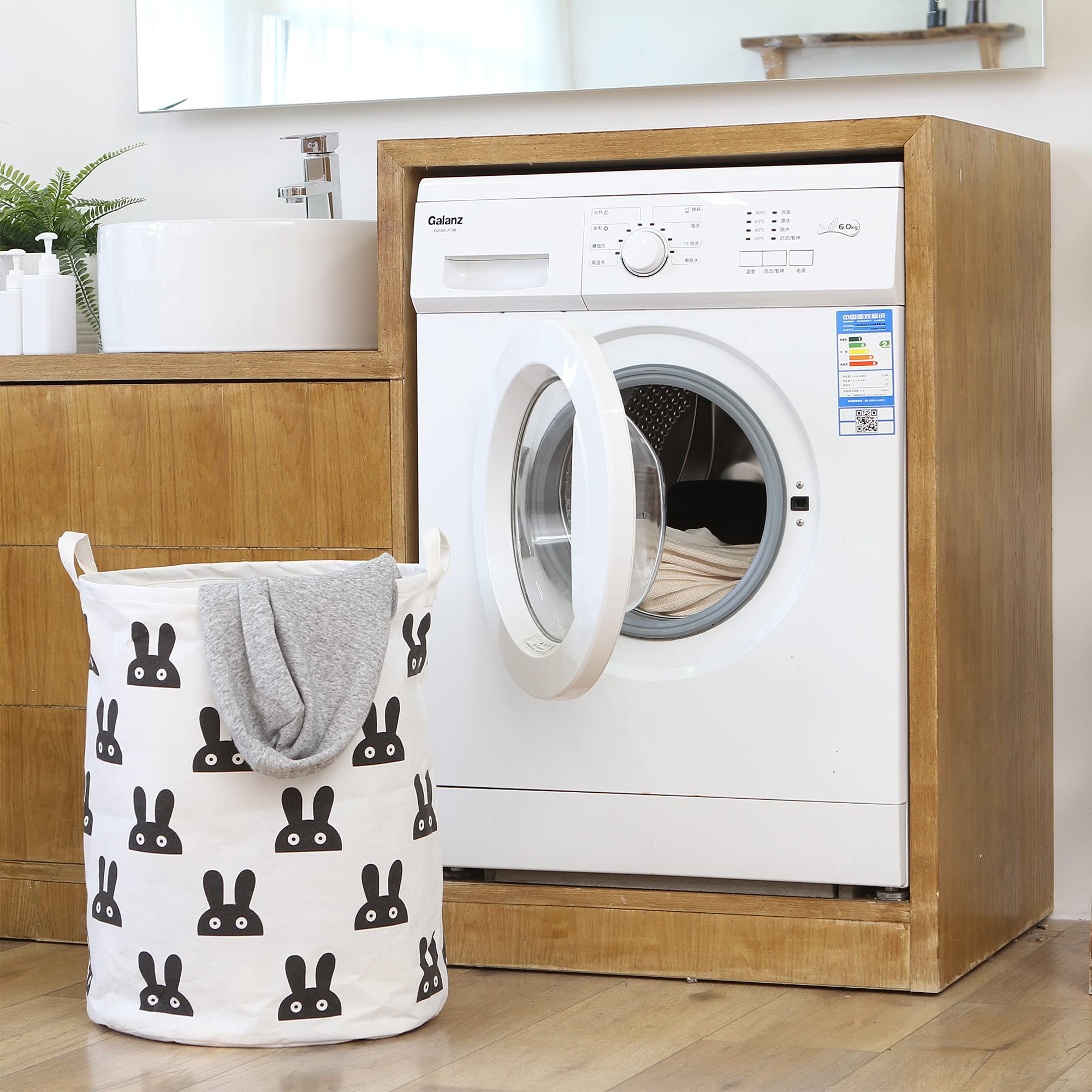 Sea Team 19.7" Large Sized Waterproof Coating Ramie Cotton Fabric Folding Laundry Hamper Bucket Cylindric Burlap Canvas Storage Basket with Cute Bunny Design (Black)