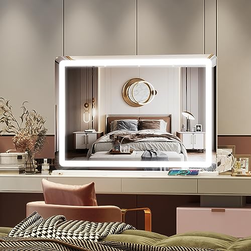 ROLOVE Vanity Mirror with Lights, 32" x 22" Large Lighted Vanity Mirror with Dimmable 3 Modes, LED Makeup Mirror with Detachable 10X Magnification, Touch Screen Control, for Makeup Desk, Dressing Room
